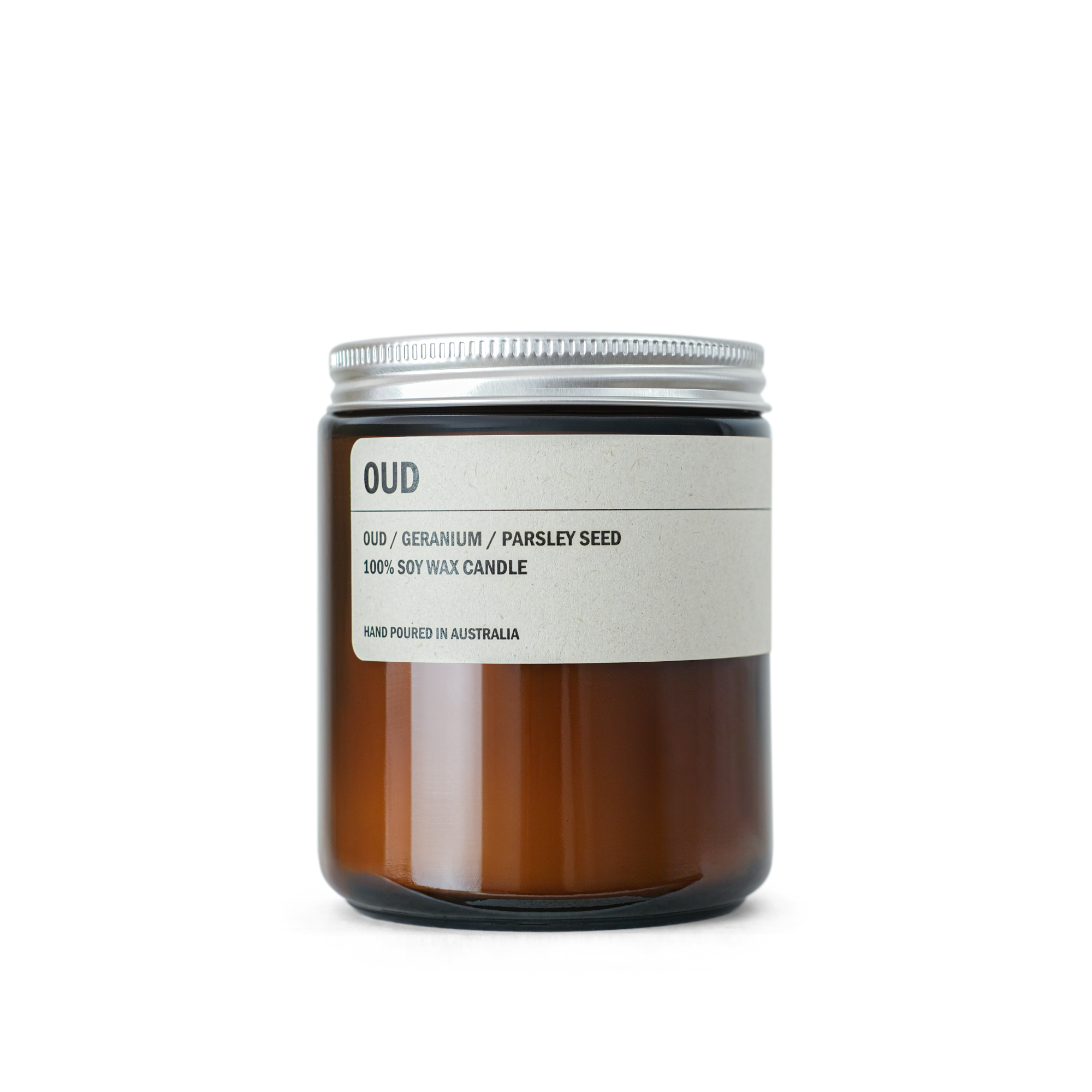OUD: Oud Wood / Geranium / Parsley Seed Small Amber Candle 250g – Posie